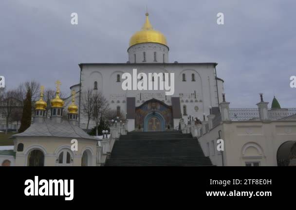 Panorama of Church Complex Holy Dormition Pochaiv Lavra Stairs White Walls Golden Cupolas Stairs ...