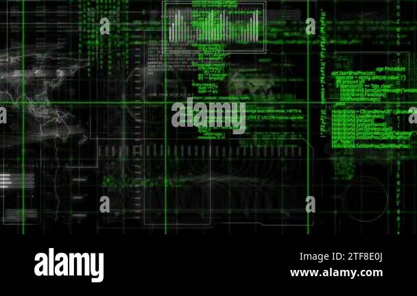 Animation of interface with scanner, world map and green processing ...