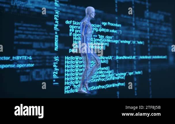 Animation of walking human model over data processing in blue and black ...