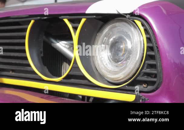 Front round headlights close-up. Video clip of an old drift car ready ...
