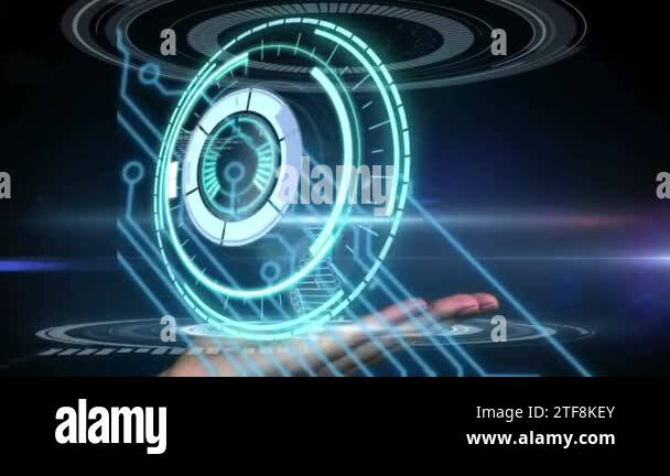 Animation of hand holding scope scanning over data processing on black background. global ...