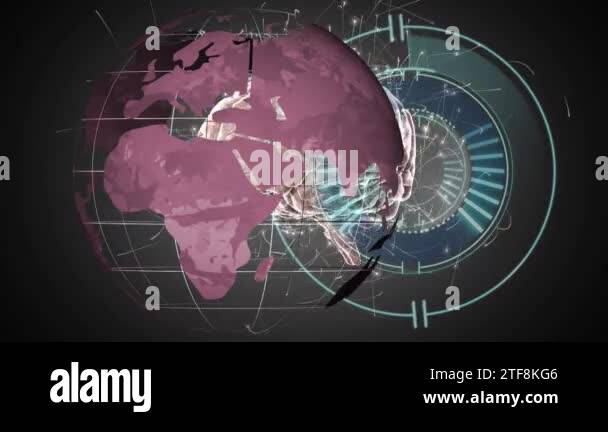 Animation of globe and scope scanning over digital brain on black background. global connections ...