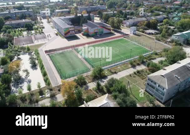 Exterior of a modern sports complex. Sports complex view from the drone ...