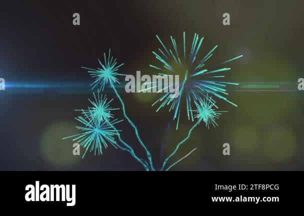 Digital animation of fireworks exploding and yellow spots of light on ...