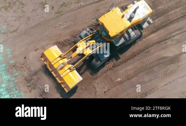 Modern bulldozer on a construction site with graphics. Visualization of ...