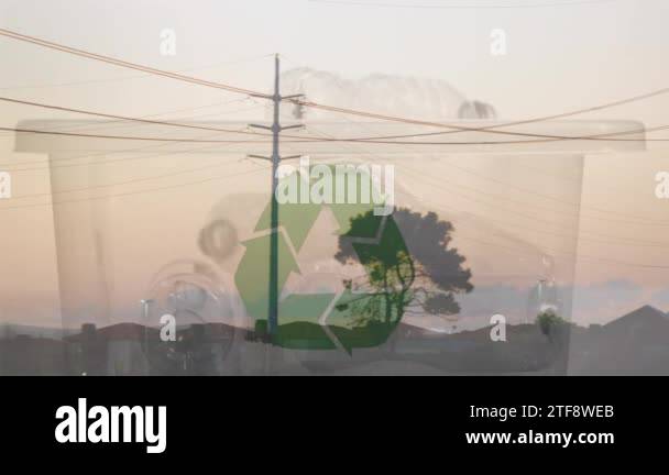 Animation of green recycling sign over box with plastic bottles and ...