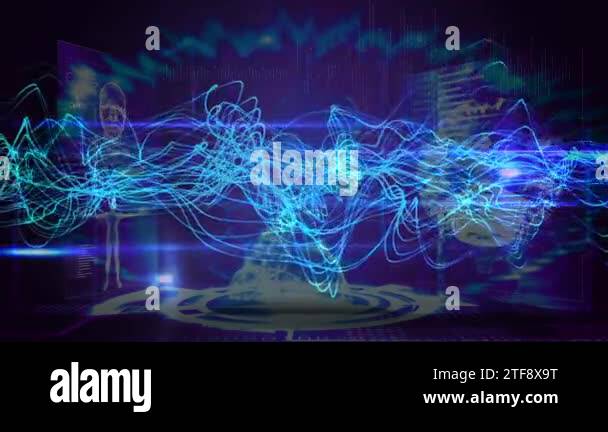 Animation of blue waves moving over screens with anatomy data and ...