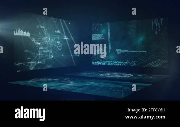 Animation of diverse scientific data on screens on navy background ...