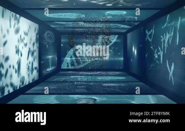Animation of dna rotating over diverse scientific data on screens on ...