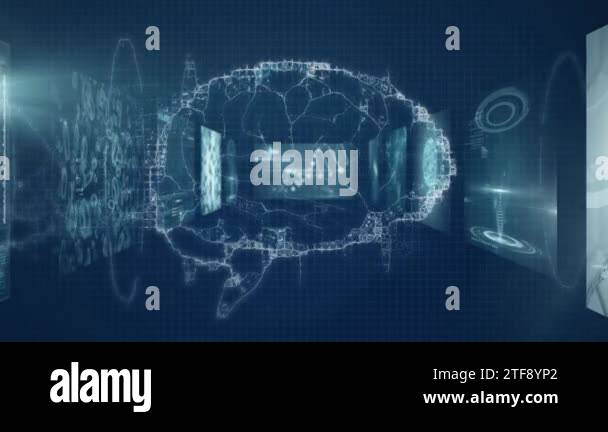 Animation of brain rotating over diverse scientific data on screens on navy background. science ...