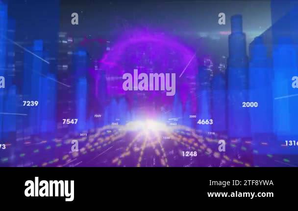 Animation of glowing lines and 3d cityscape with data processing over glowing computer servers ...