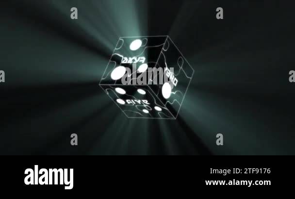 six-sided rotating black die. Faces marked with dots and words ...