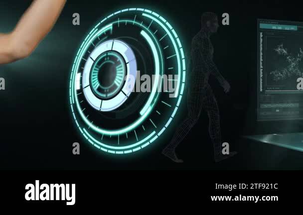 Animation of scope scanning over hand holding digital brain on black background. global ...