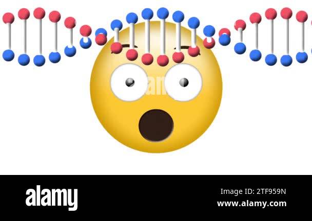 Animation of dna chain over amazed emoticon over white background ...