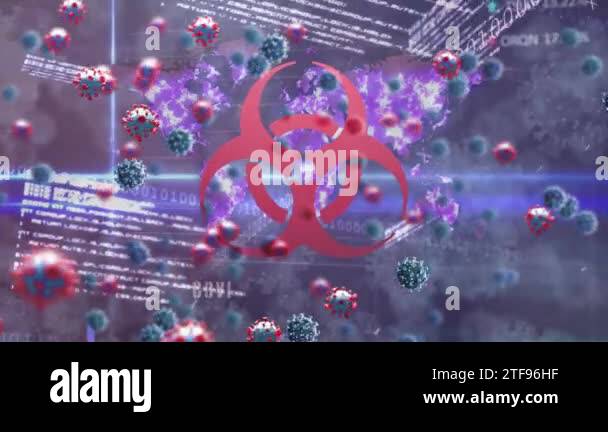 Animation of biohazard symbol and virus cells over data processing and world map. global covid ...