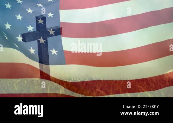 Animation of christian cross and grass over waving flag of usa ...
