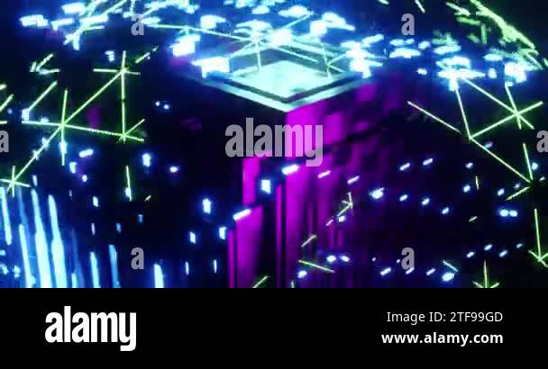 Metallic blocks in motion with an energy shield dome covering it. Complex building by night ...