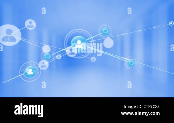 Animation of profile icons connecting dots on blue digital interface. Digital composite ...
