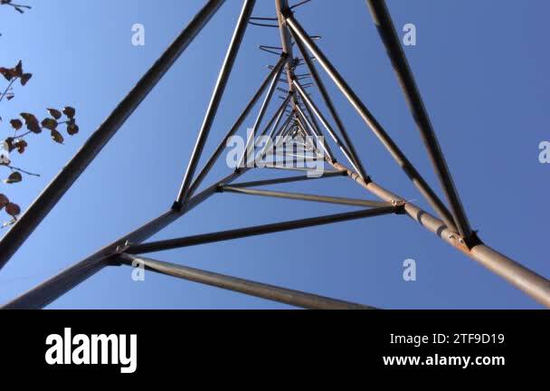 Rotating of Steel Triangle Tower for Wind Turbine. Look from the bottom ...