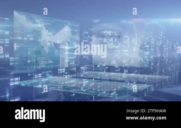 Animation of server room against digital interface with caucasian woman ...