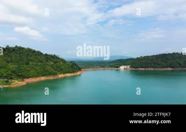 Nam Ngum reservoir and dam in Asia, Laos, towards Vientiane, on a sunny ...