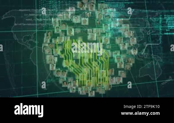 Animation of infographic interface and maps over multiracial people ...