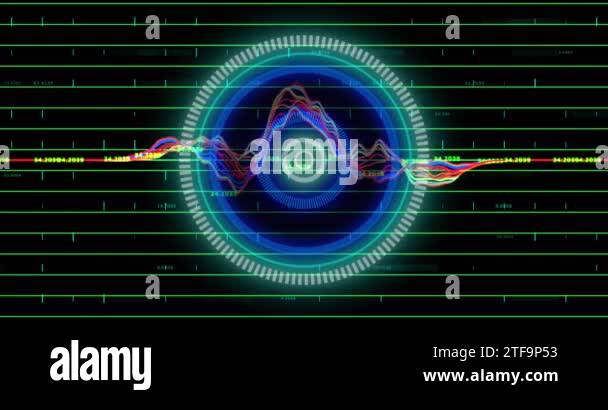 Animation of neon round scanner over data processing against black background. Computer ...