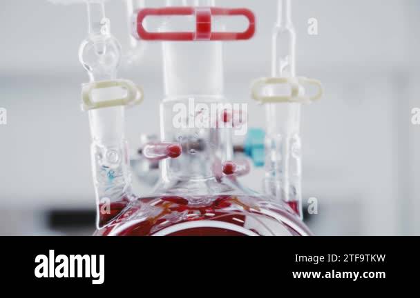 Close-up of boiling red liquid in a round glass flask. Production of ...