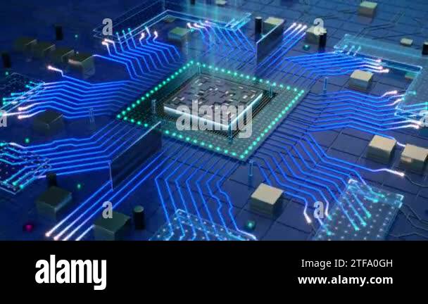 Technology CPU background. Digital lines move data from the chip propagate through the ...