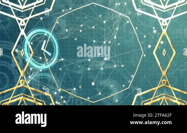 Animation of moving clock and kaleidoscopic shapes over green ...
