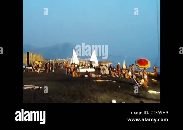 orbetello, tuscany june 26 1970:bathing beach with people in Orbetello ...