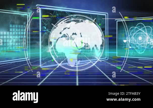 Animation of glitch effect and scope scanning over globe against screens with data processing ...