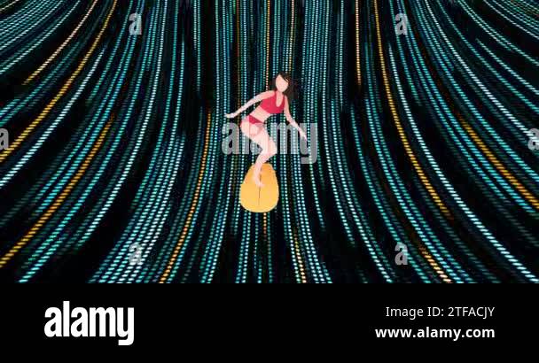 Animation of cartoon female surfer over black background with yellow ...