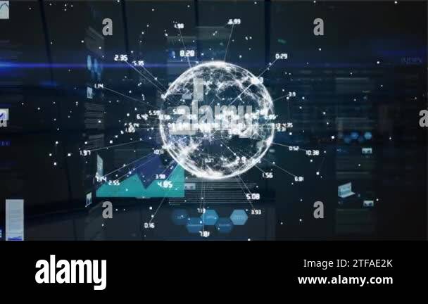 Animation of network of connections with numbers and statistics over globe. global connections ...