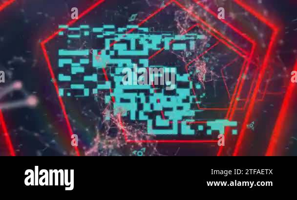 Animation of red neon geometrical shapes over qr code and network of ...