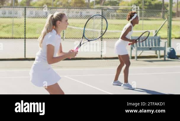 Video of caucasian female tennis player holding racket and training ...