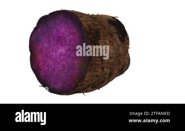 Realistic render of a spinning Purple Yam (Ube) cut in half on white ...