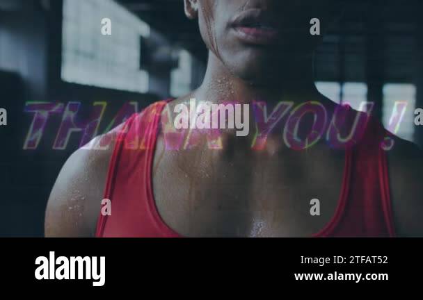 Animation of thank you text over african american sportsman at gym ...