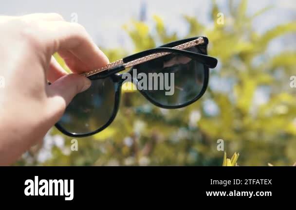 Female Hand Stretches Dark Sunglasses Against the Backdrop of Nature ...
