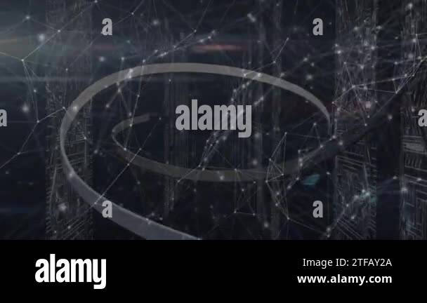 Animation of ribbon, connections over integrated circuits in servers. global internet, computers ...
