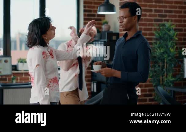 Brain dead zombie woman touching businessman while discussing. Doomsday ...