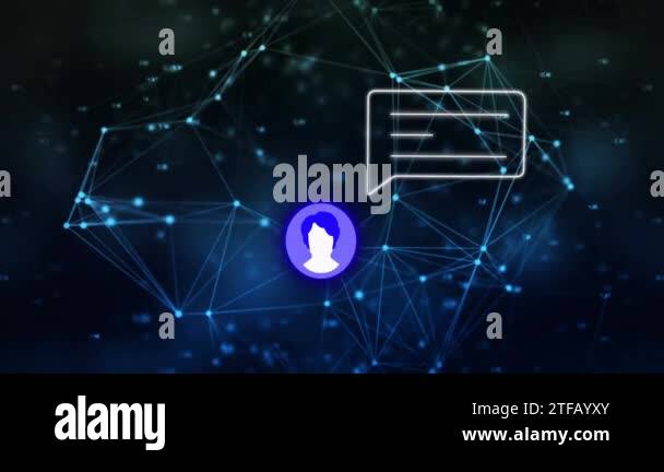 Animation of connections and social media alert with user icon over black background. global ...