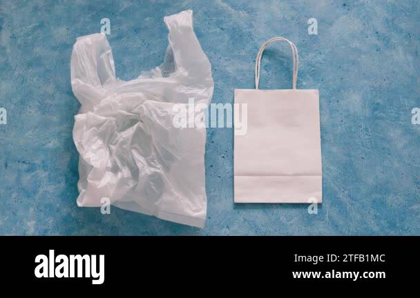 single use plastic bag next to paper one, plastic pollution and ...