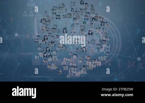 Animation of people profiles forming globe over numbers, connected dots and programming language ...