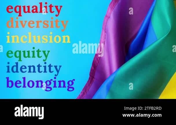 4k zoom in out Rainbow flag with text EQUALITY DIVERSITY INCLUSION ...