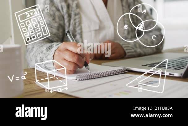 Multiple math concept icons against mid section of woman taking notes ...