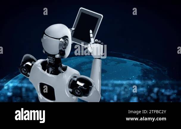 Robot hominoid using tablet computer for global network connection using AI thinking brain ...