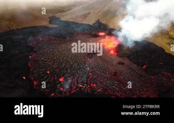 Panoramic aerial view of magma and lava erupting in Meradalir valley ...