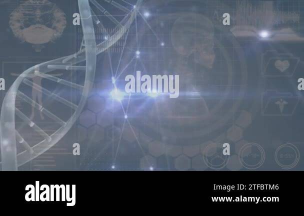 Animation of dna and diverse scientific data over grey background ...
