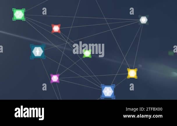 Network of digital icons against spot of light and lens flare on blue background. global ...